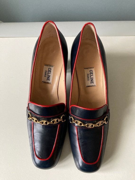 Céline 1970s navy red leather pumps, golden details /… - Gem