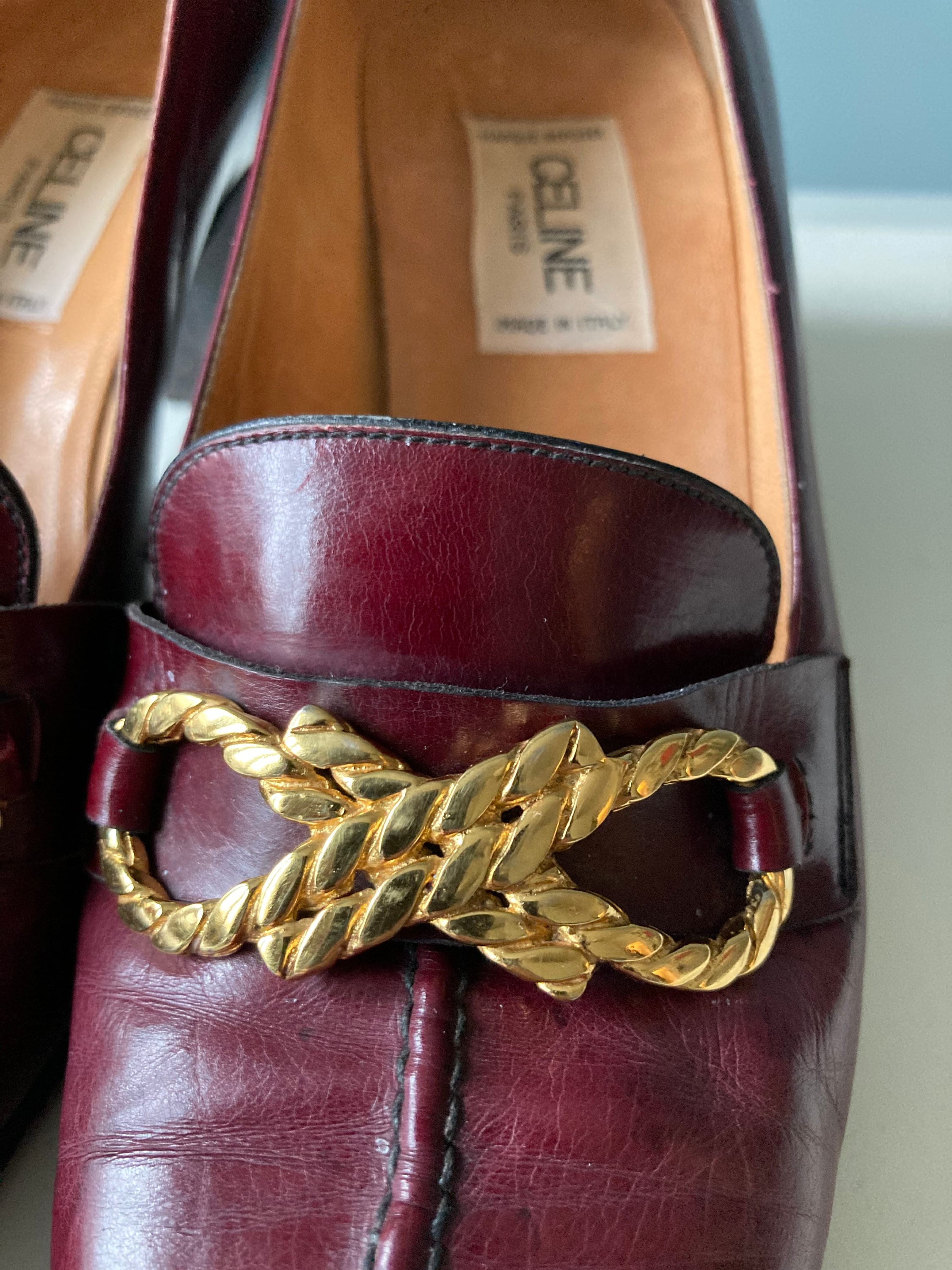Céline 1970s Bordeaux Red Leather Pumps Golden Details / EU - Etsy