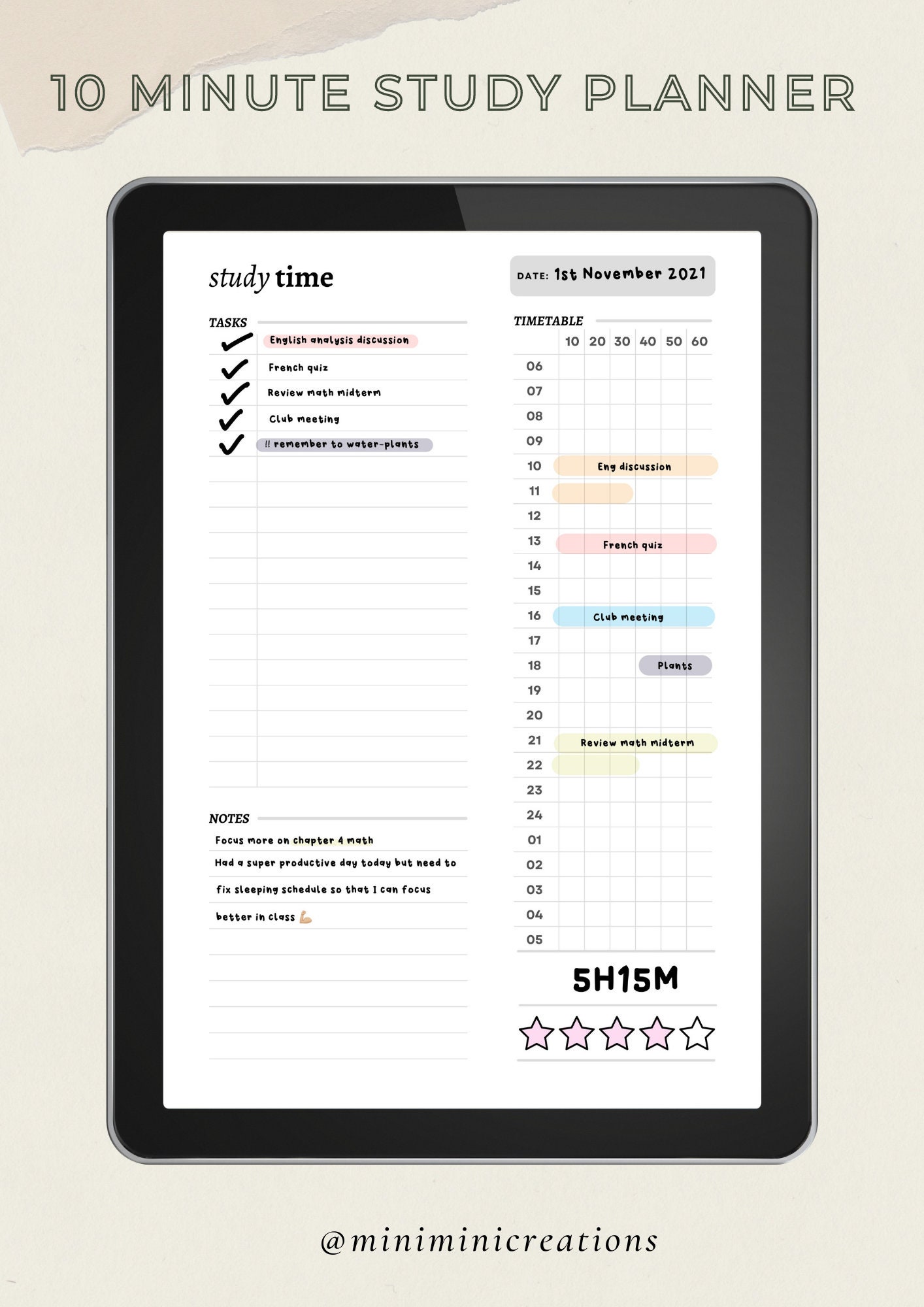 10-minute Study Planner | Time Tracker Productivity Log | Digital ...