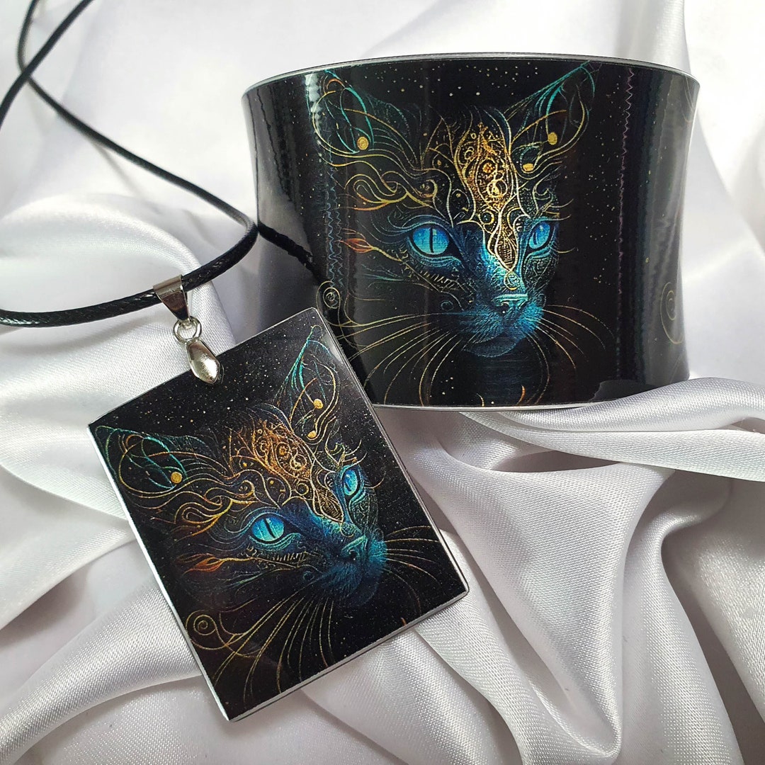 Mystic Cat Cuff Bracelet and Pendant Necklace, Cat Lovers Gifts, Cat ...