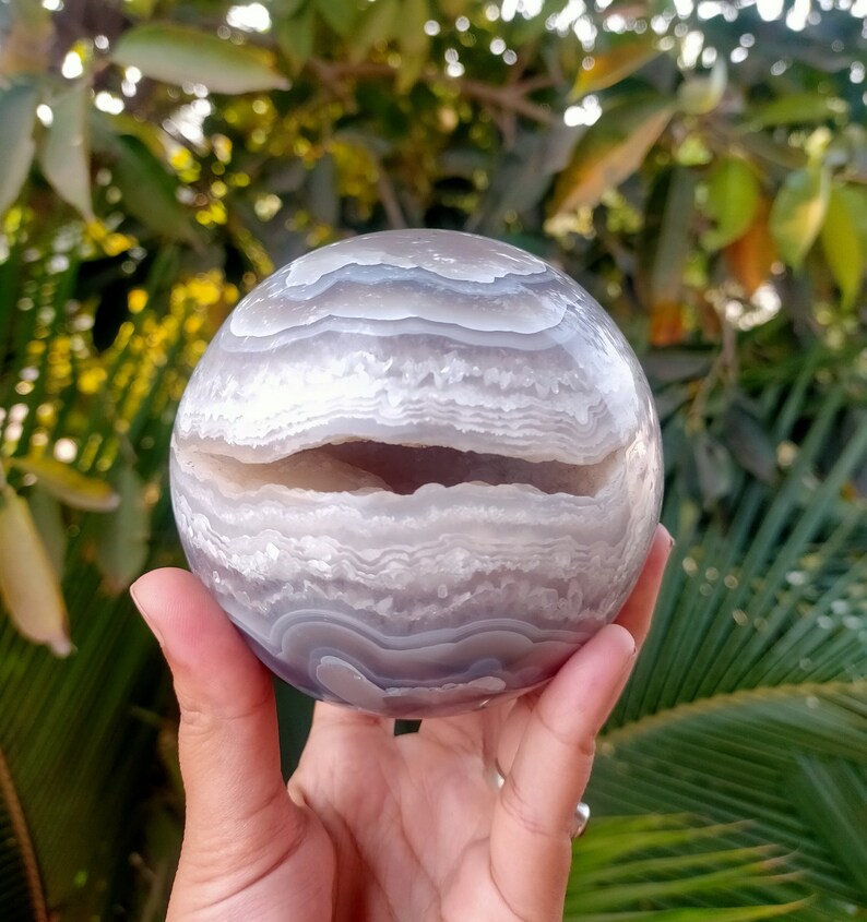 Buy Buy Unique Stunning 95 MM Large Grey Lace Agate Sphere Mouth Inner ...