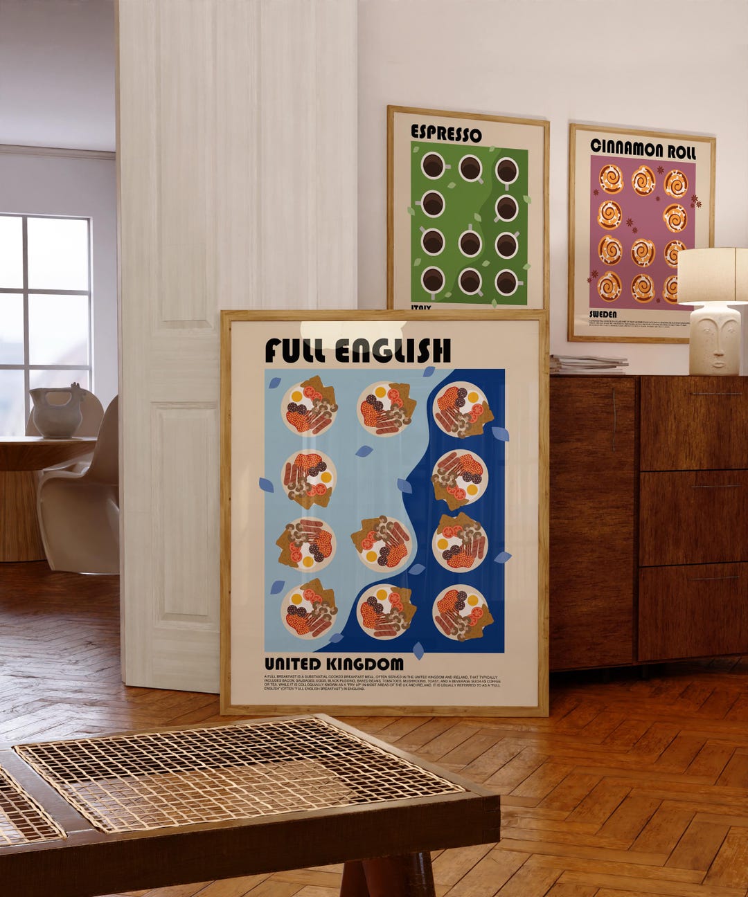 Full English Poster With Blue Background, Breakfast Print, Brunch Art ...
