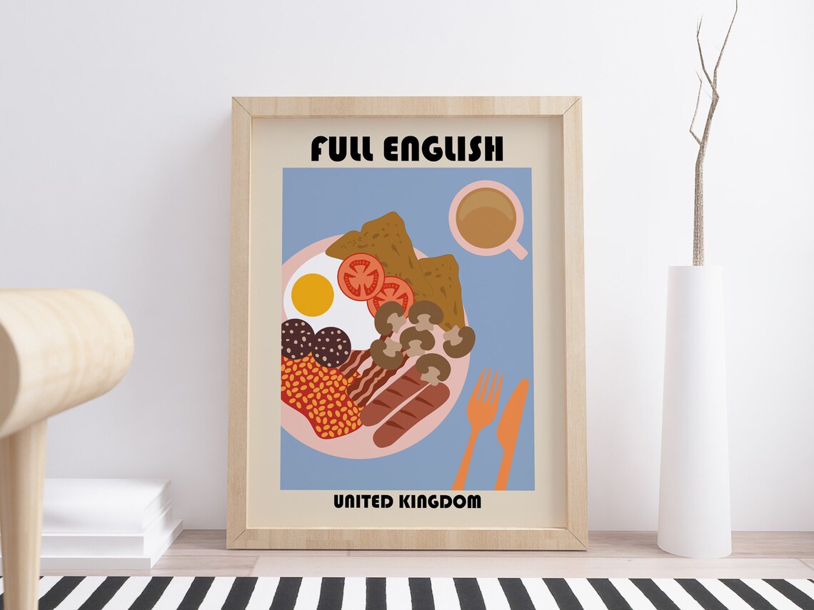 Full English Breakfast Art Print, English Food Poster, Breakfast Art ...
