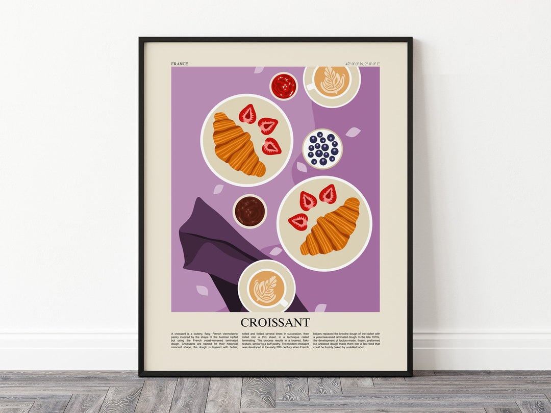 Croissant Art Print, French Pastry Poster, Food Print, Bread Art, Food ...