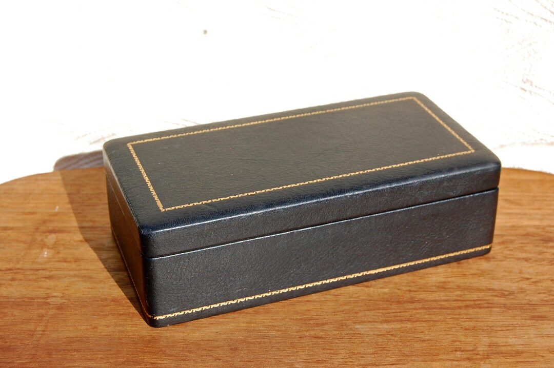 Vintage Large Leather Trinket Box - Black Leather Keepsake Box - Old ...