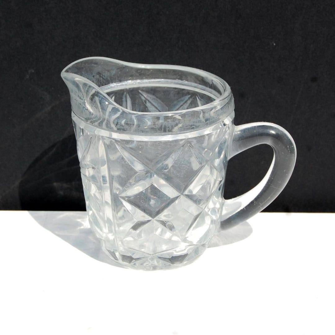 Vintage Pressed Glass Milk Jug - Glass Creamer With Diamond & Starburst ...