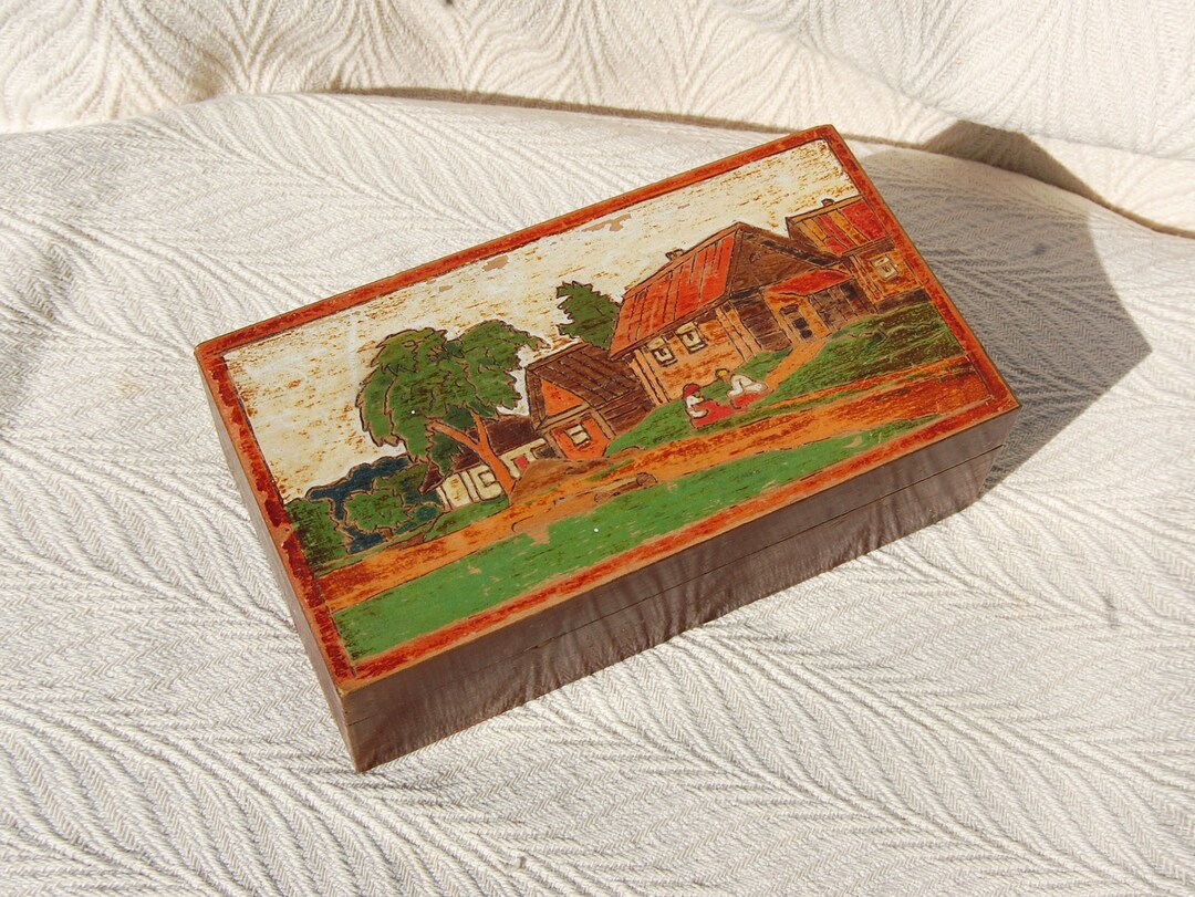 Vintage Russian Kustar Folk Art Wooden Box - Decorative Keepsake Box ...