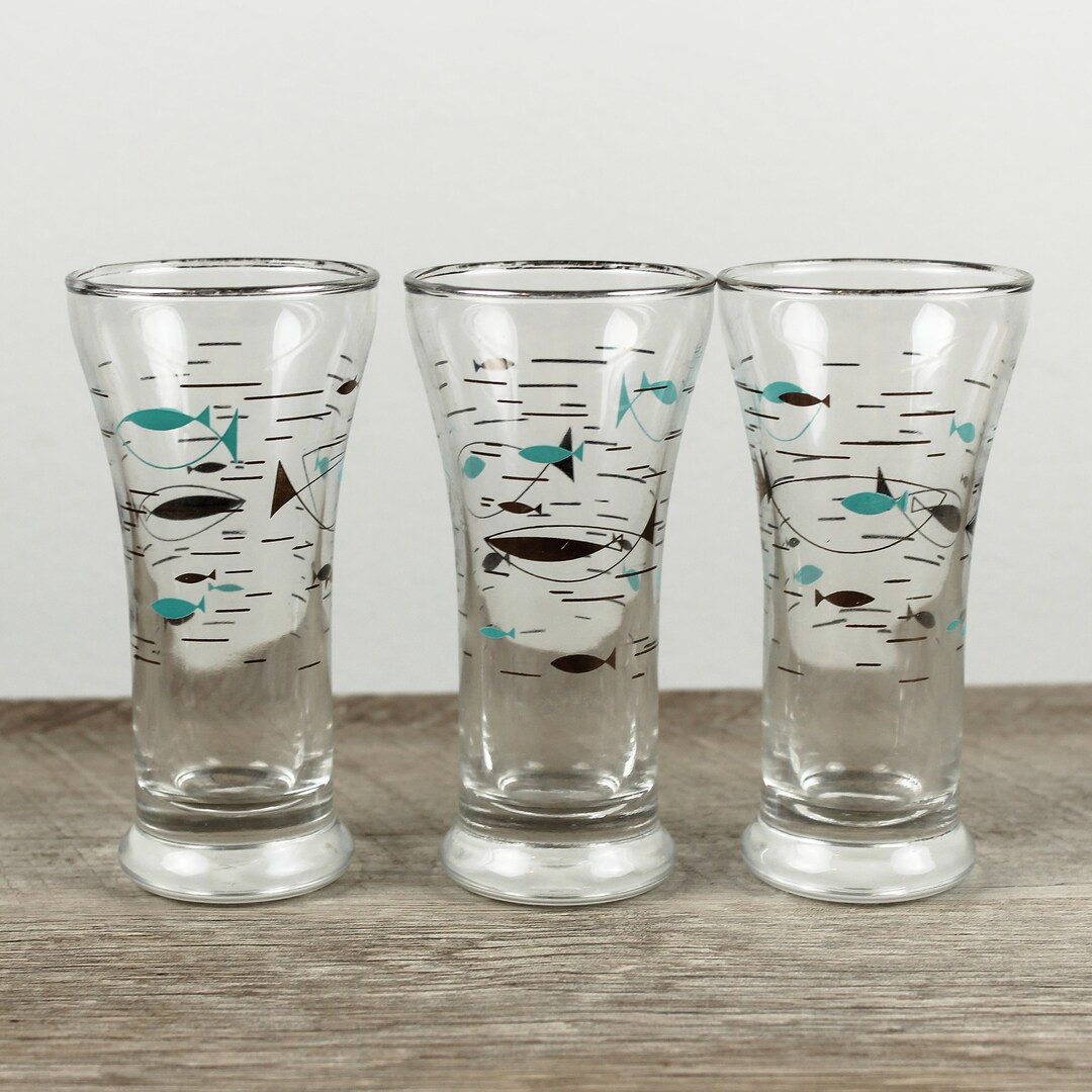 Set of Three Libbey Mediterranean Atomic Fish Double Shot Bar Glasses ...