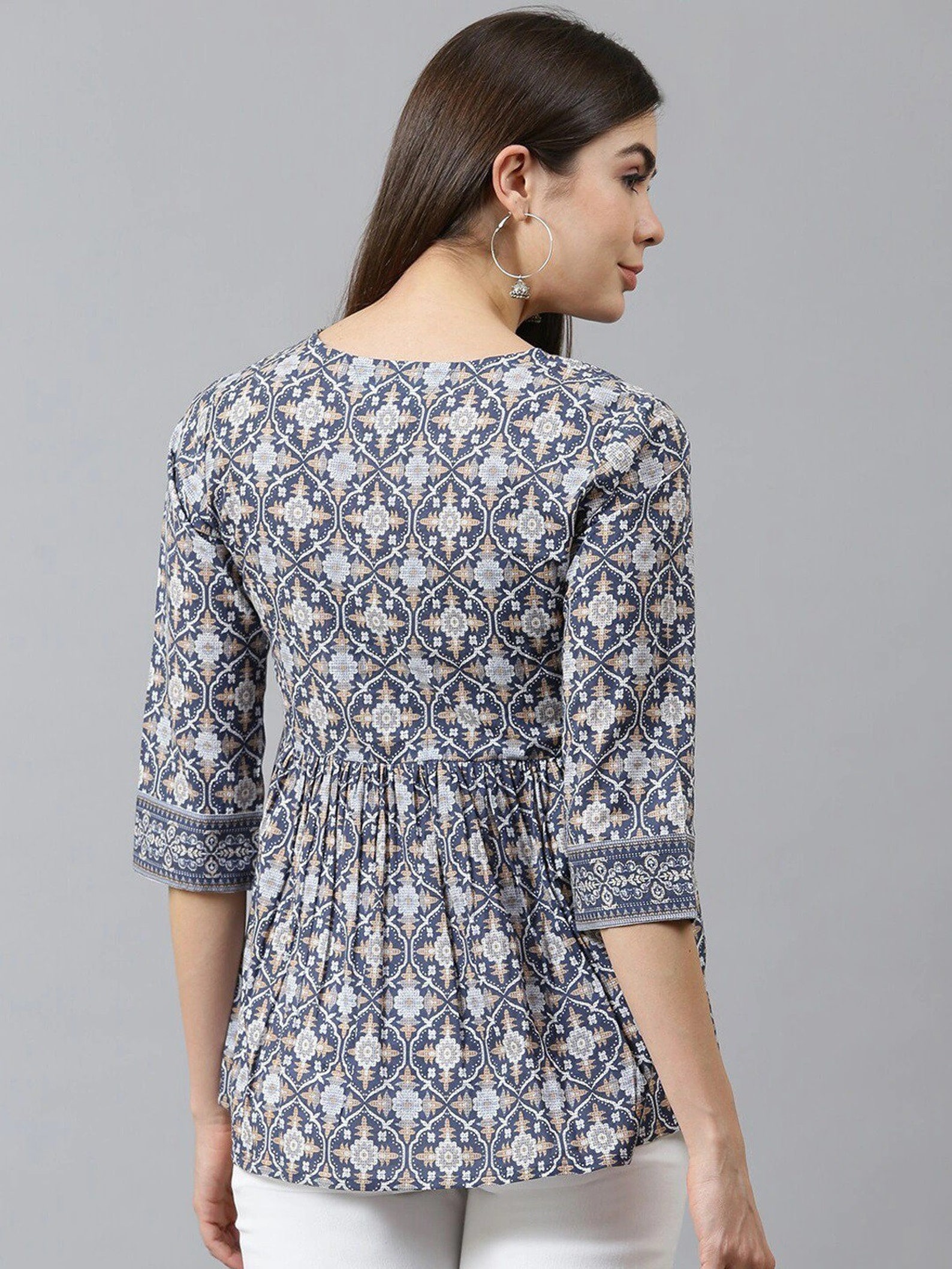 Tunic Tops Pure Cotton Navy Blue Printed Empire Tunic - Etsy