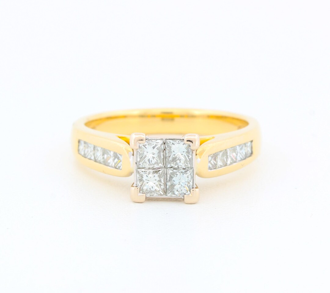 Solid 18ct Yellow Gold Invisible Princess Cut Shoulder Set Diamond Ring ...