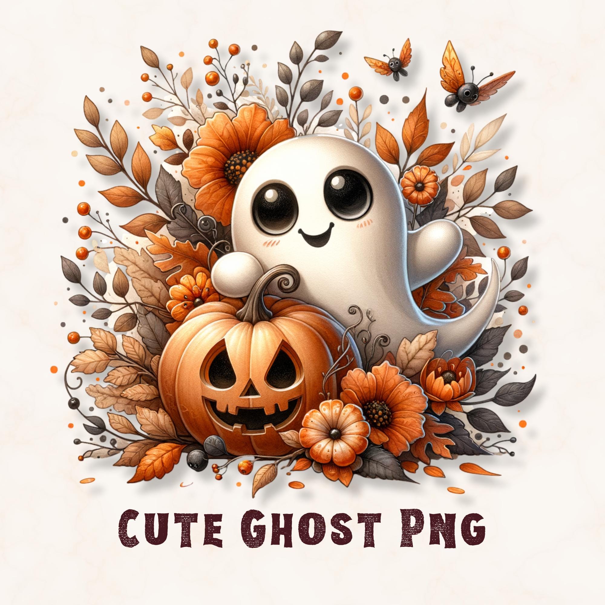 Cute Halloween Ghost PNG With Pumpkin and Autumn Flowers, Kawaii Ghost ...