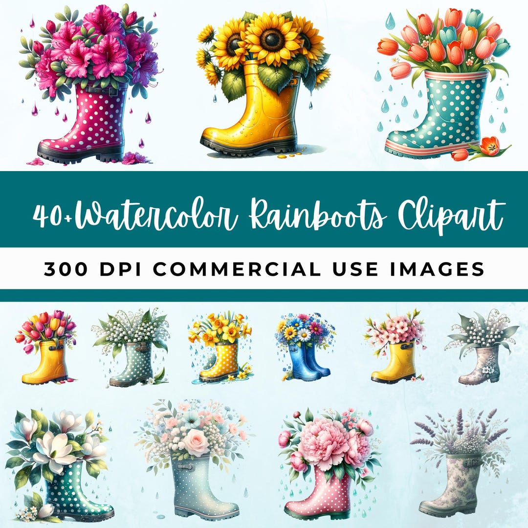 Garden Boots Clipart Bundle, Floral Rain Boot Clipart, Spring Decor ...