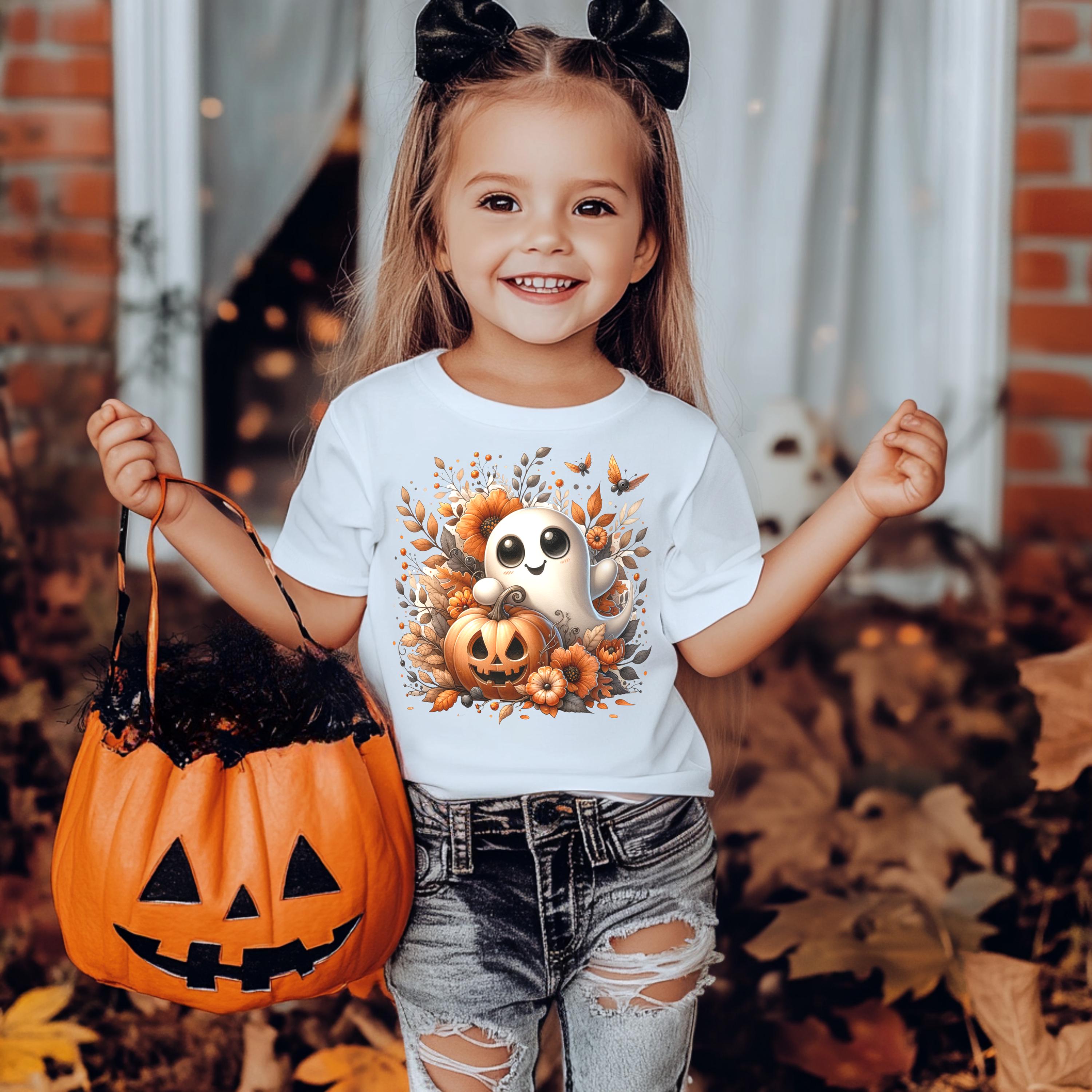 Cute Halloween Ghost PNG With Pumpkin and Autumn Flowers, Kawaii Ghost ...