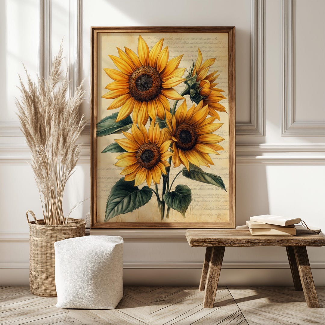 Vintage Sunflower Botanical Wall Art Print, Floral Watercolor Poster ...