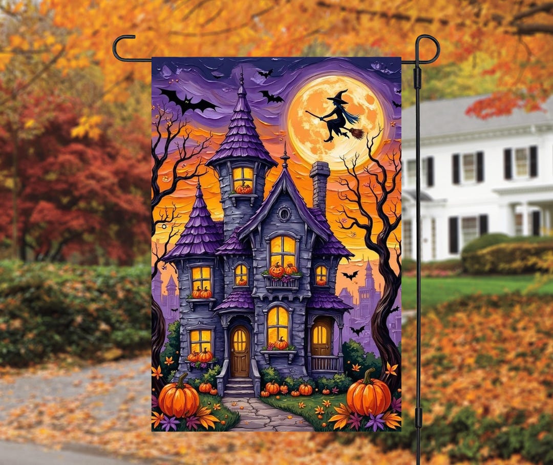 Haunted House Halloween Garden Flag, Spooky Moonlit Yard Decor - Etsy