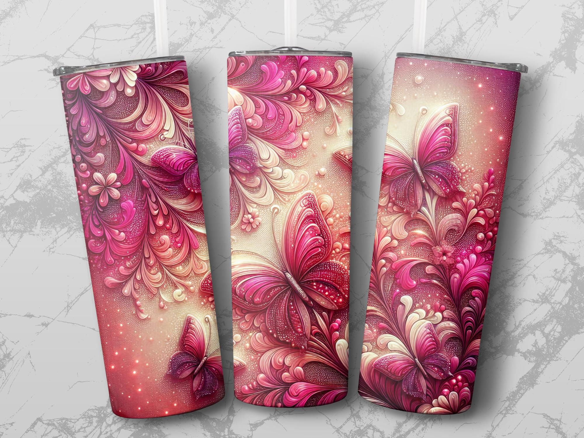 3D Pink Butterflies Sublimation Designs Commercial Use Skinny Tumbler ...