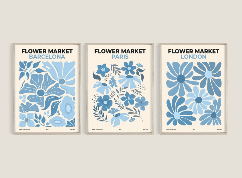 Blue Flower Market Print Set, Paris, London, Barcelona (digital ...