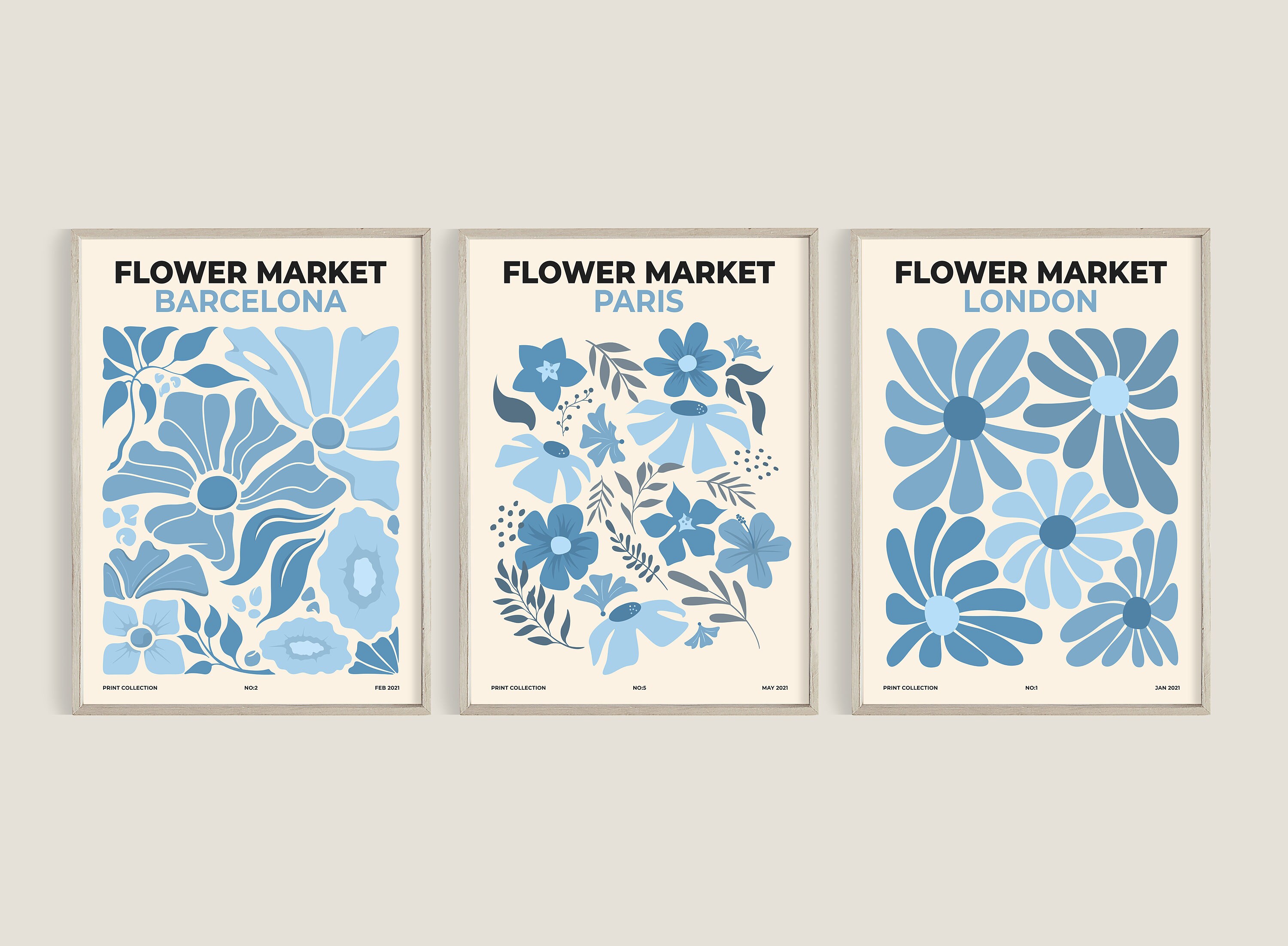 Blue Flower Market Set of 3 Prints, Botanical Print Set, Minimalist ...