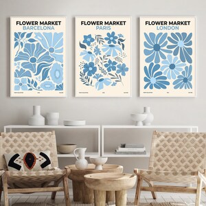Blue Flower Market Set of 3 Prints, Botanical Print Set, Minimalist ...