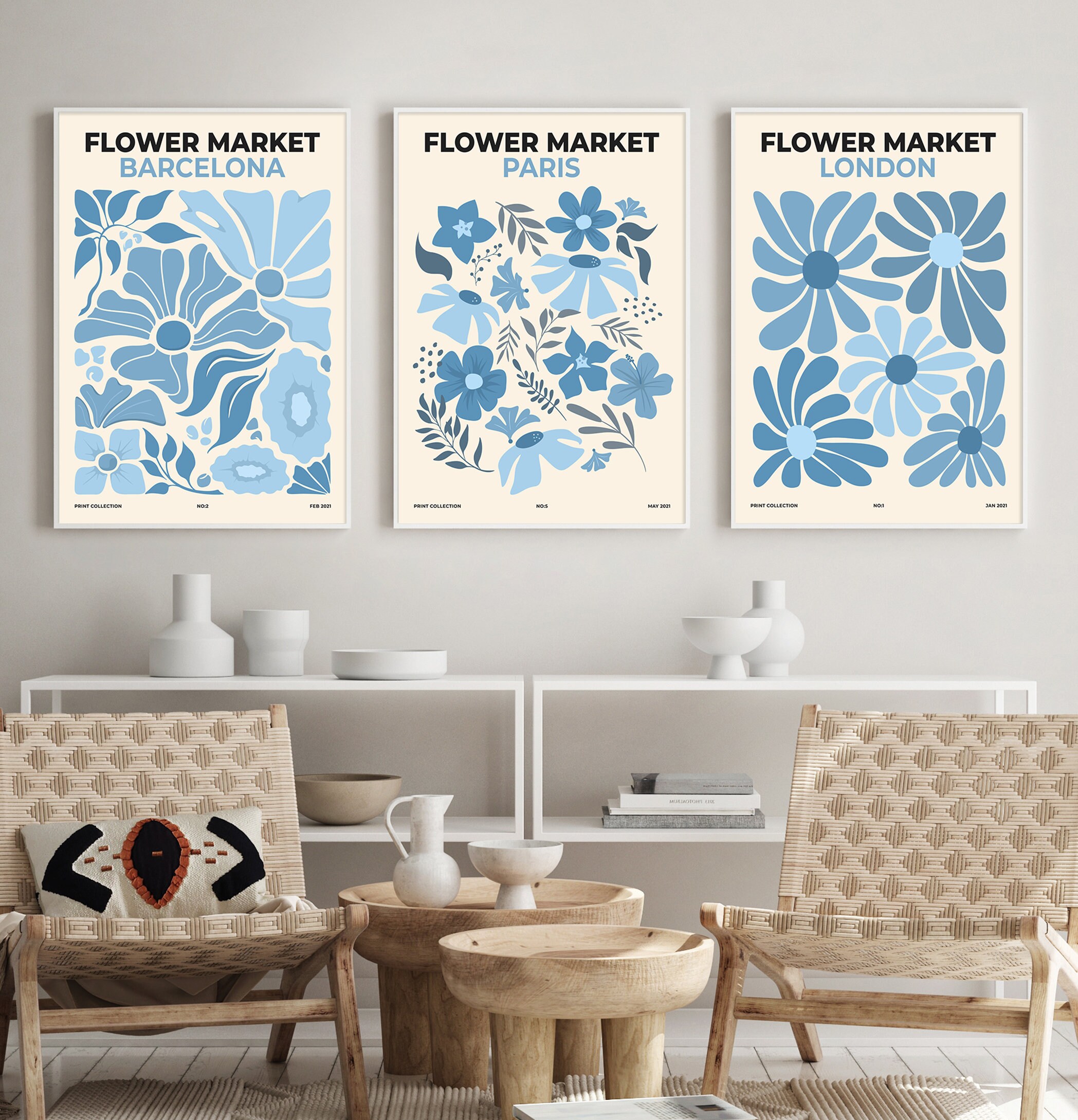 Blue Flower Market Set of 3 Prints, Botanical Print Set, Minimalist ...