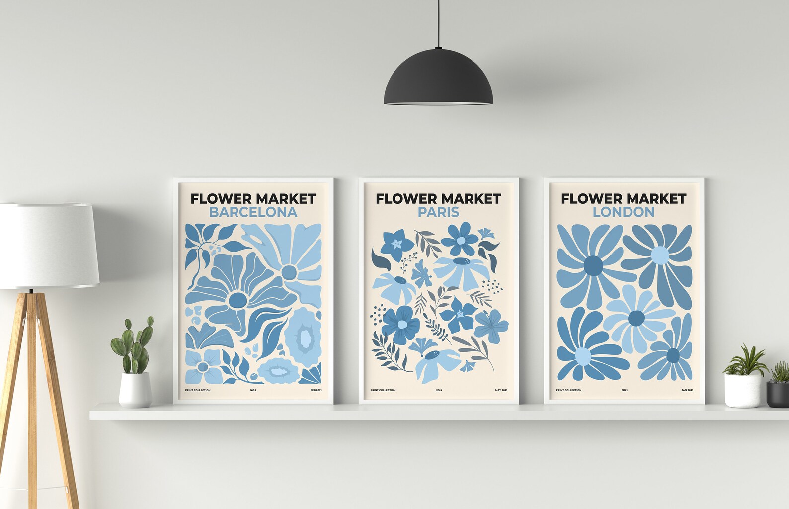 Blue Flower Market Set of 3 Prints, Botanical Print Set, Minimalist ...