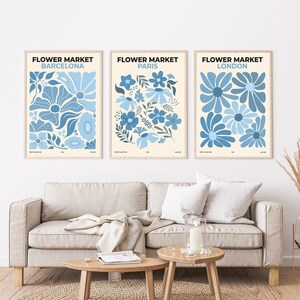 Blue Flower Market Set of 3 Prints, Botanical Print Set, Minimalist ...