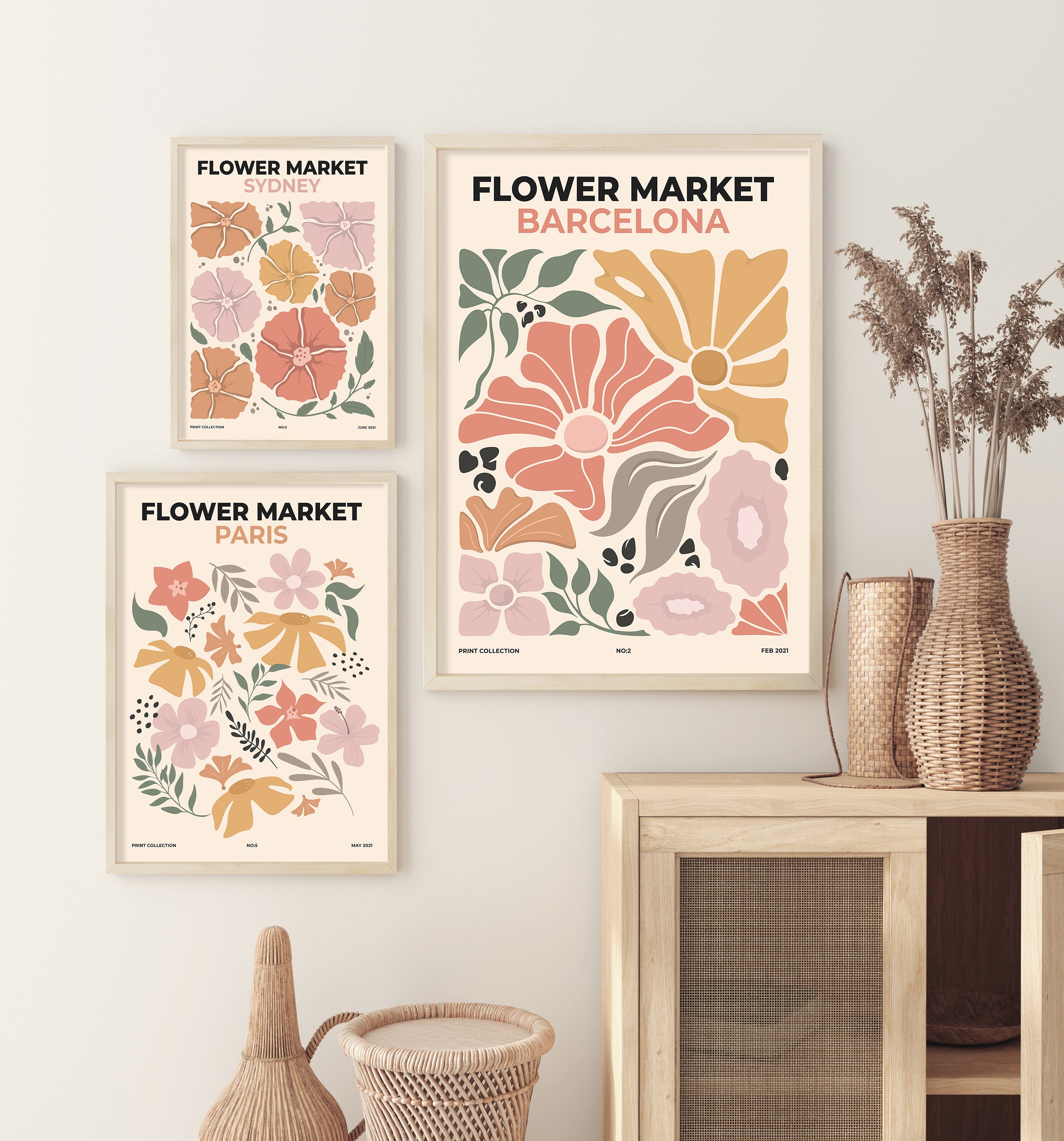Flower Market Set of 3 Prints Botanical Print Set Minimalist - Etsy