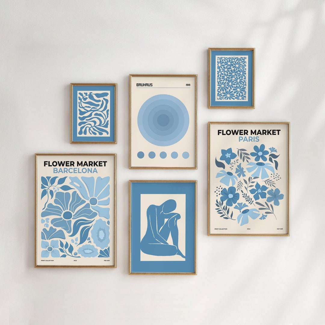 Blue Gallery Wall Art Set of 6 Print, Blue Flower Market, Blue Wall Art ...