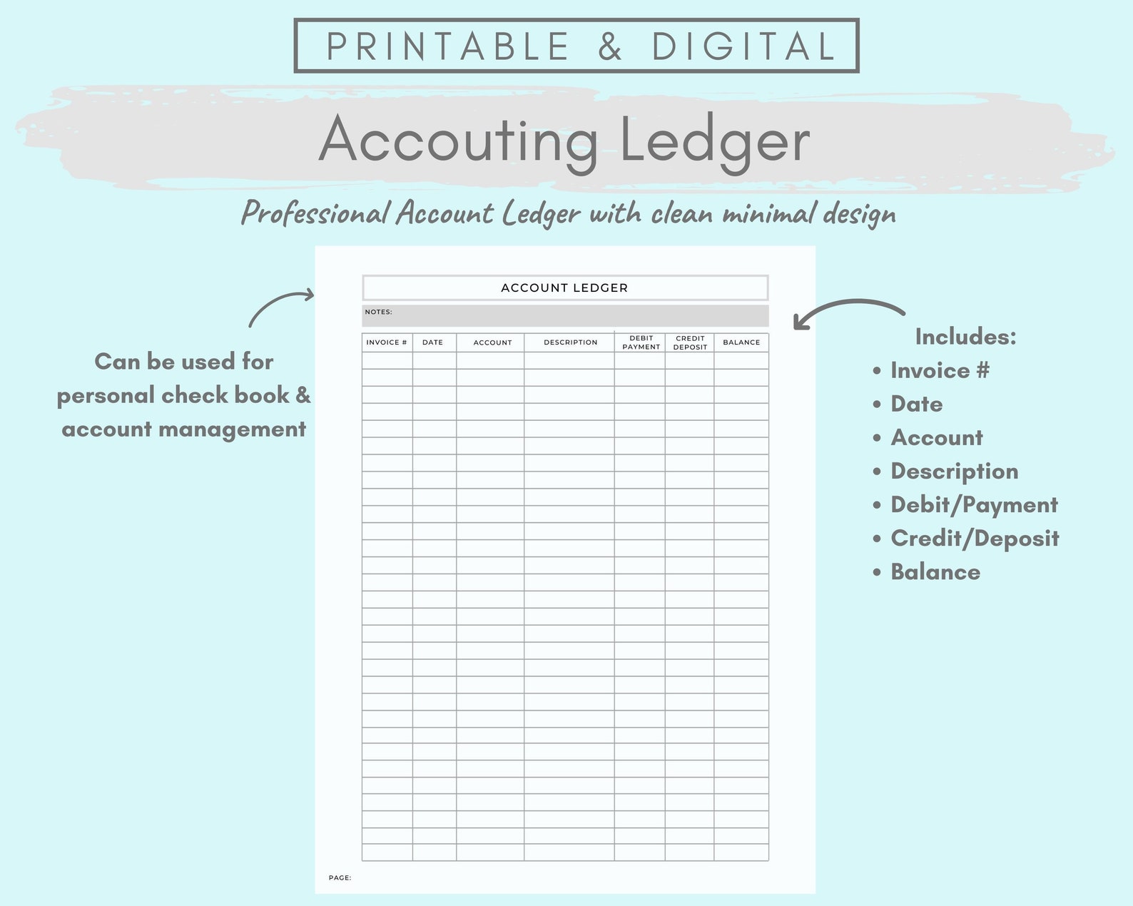 Accounting Ledger Printable Template Bookkeeping small Business Balance ...