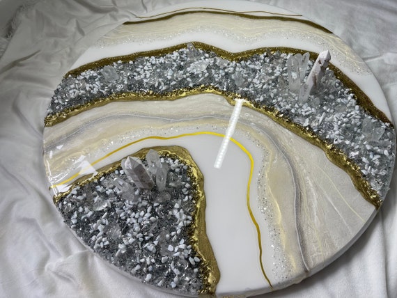 Round White and Gold Luxury Geode Inspired Crystal Infused - Etsy