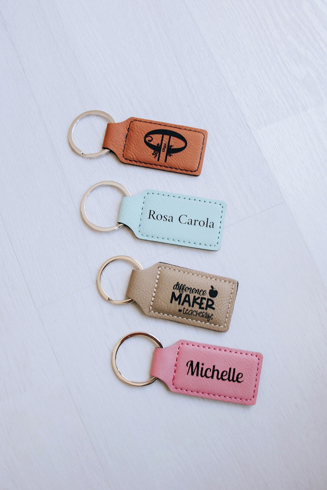 Custom Name Keychain in Brown, Pink, Teal Blue Leatherette ...