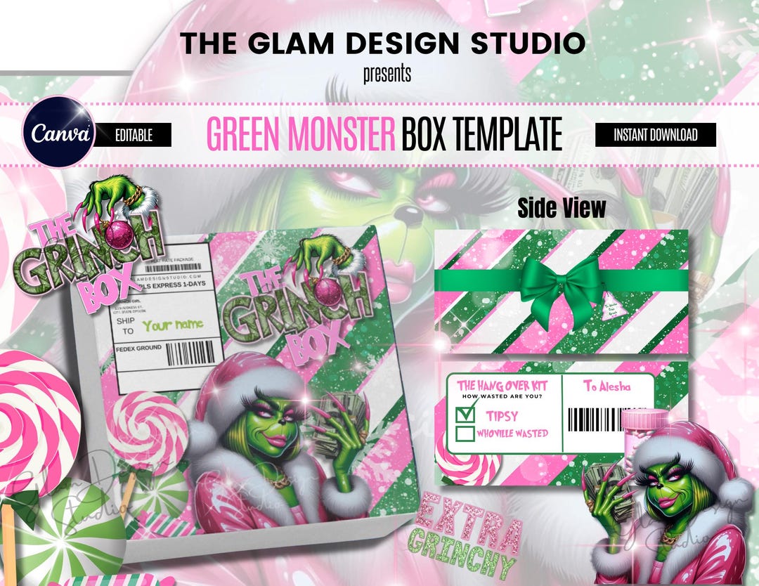 Plantilla editable de Canva para caja de regalo de Grinch, plantilla ...