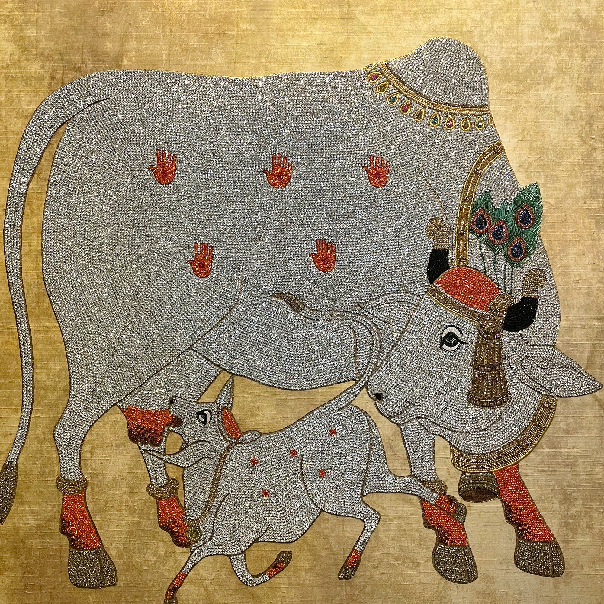 Surabhi Cow & Calf, the Hindu Goddess of Abundance. Handmade Bejewelled ...