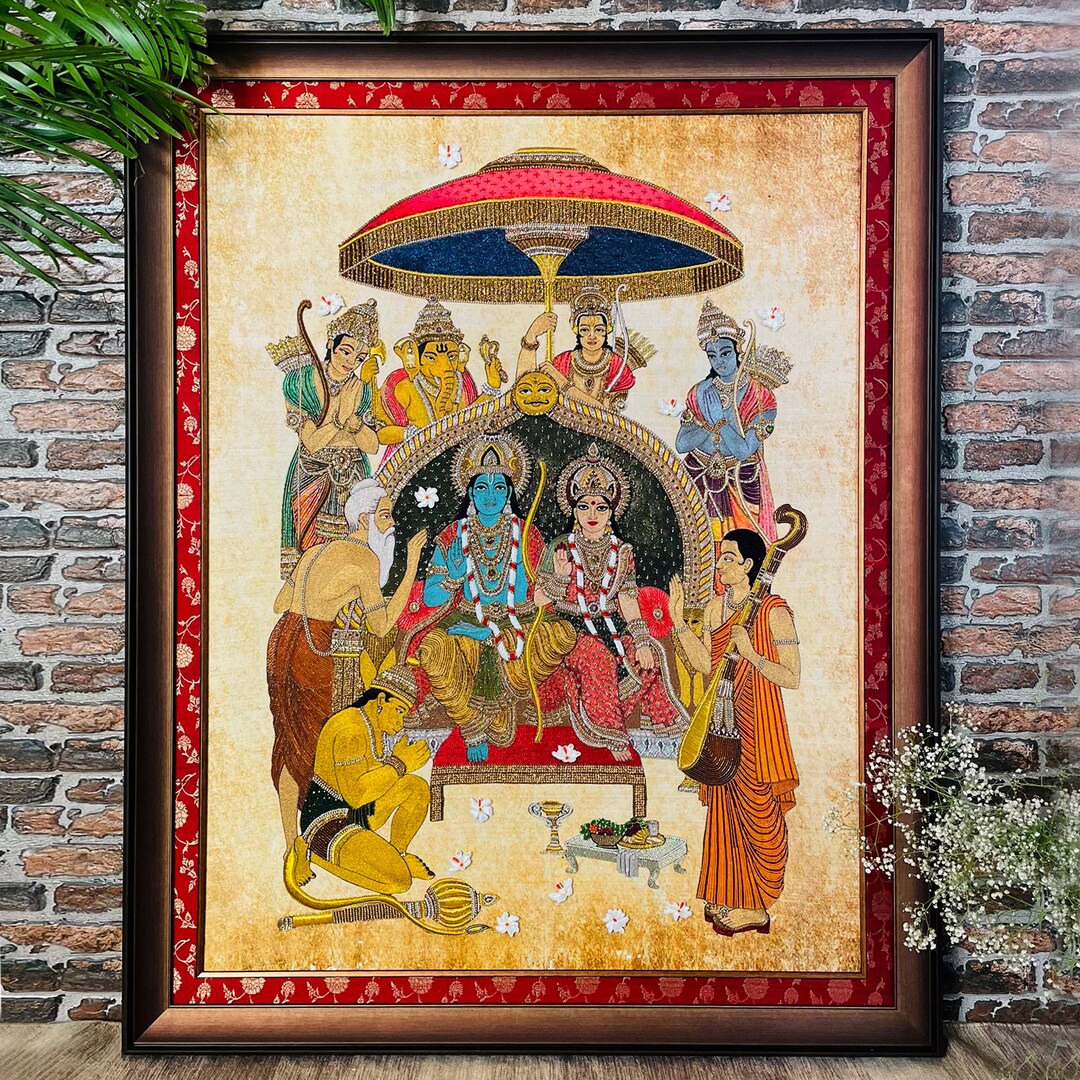 Shri Ram Abhishek Darbar Handmade Embroidered Art With Semi Precious ...