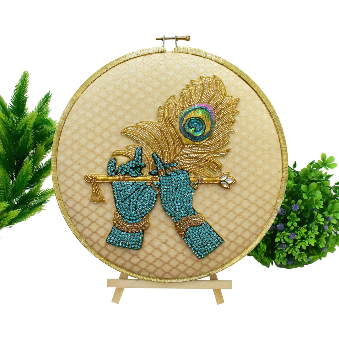 Lord Krishna Hands Flute & Feather. Handmade Hoop Art Embroidery of ...