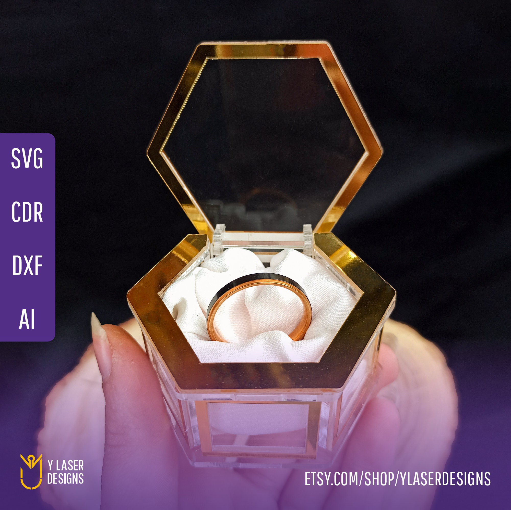 Hexagon Shaped Box, Wedding Rings Box With Integrated Hinge Lid Laser ...