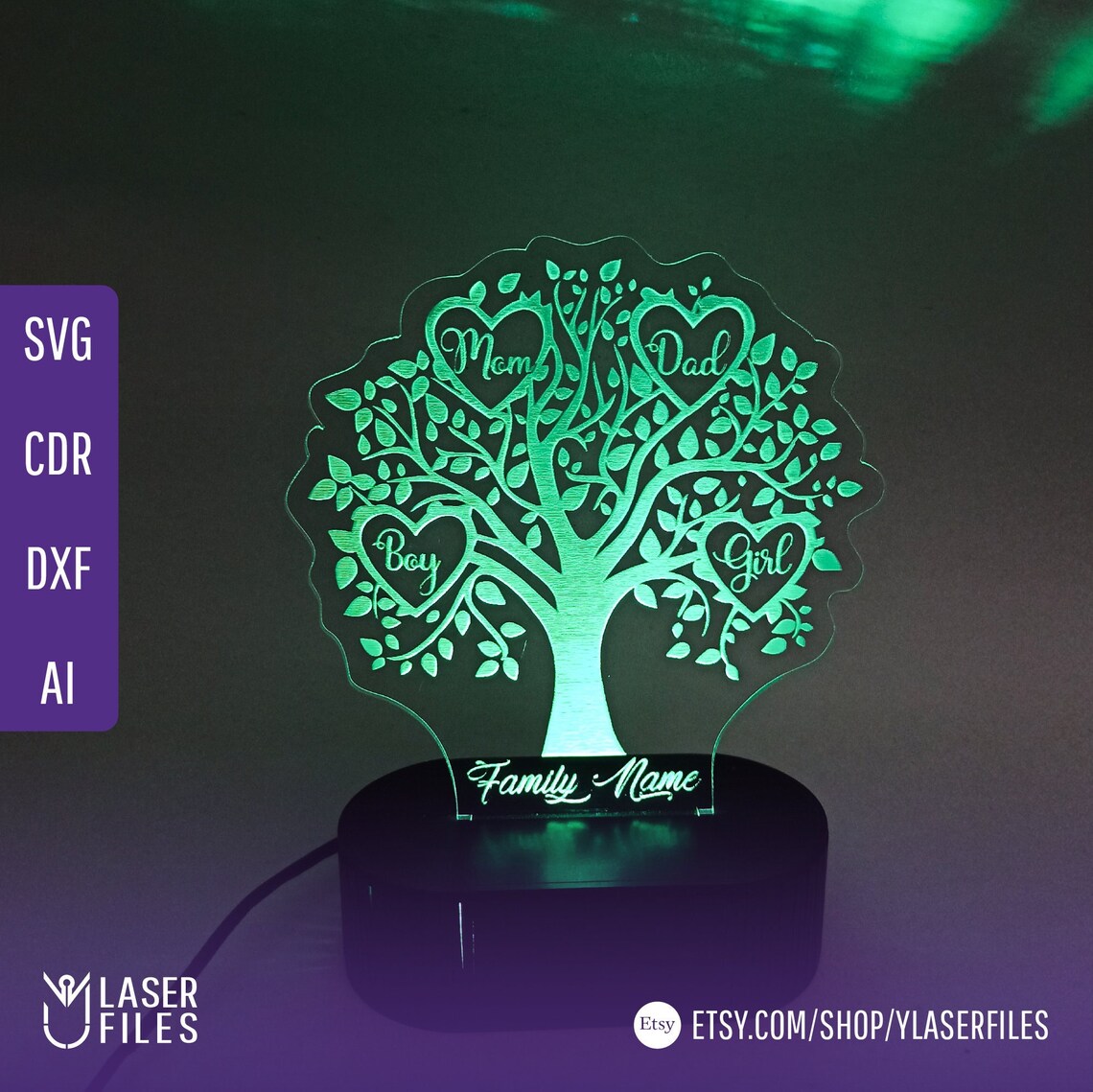 Family Tree Acrylic LED Light / Lamp SVG Ai Cdr Dxf Laser - Etsy