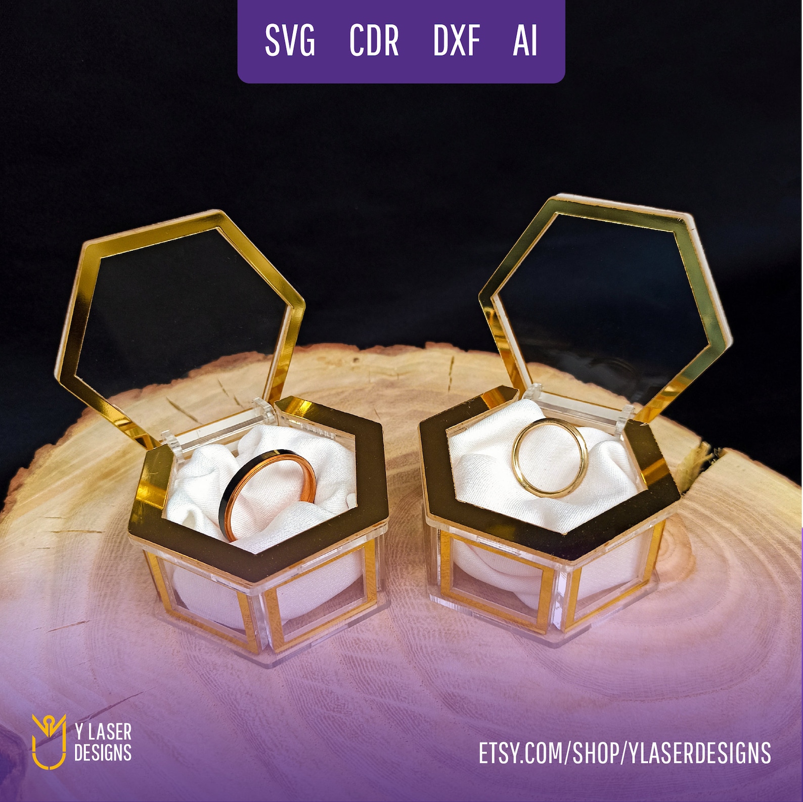 Hexagon Shaped Box, Wedding Rings Box With Integrated Hinge Lid Laser ...