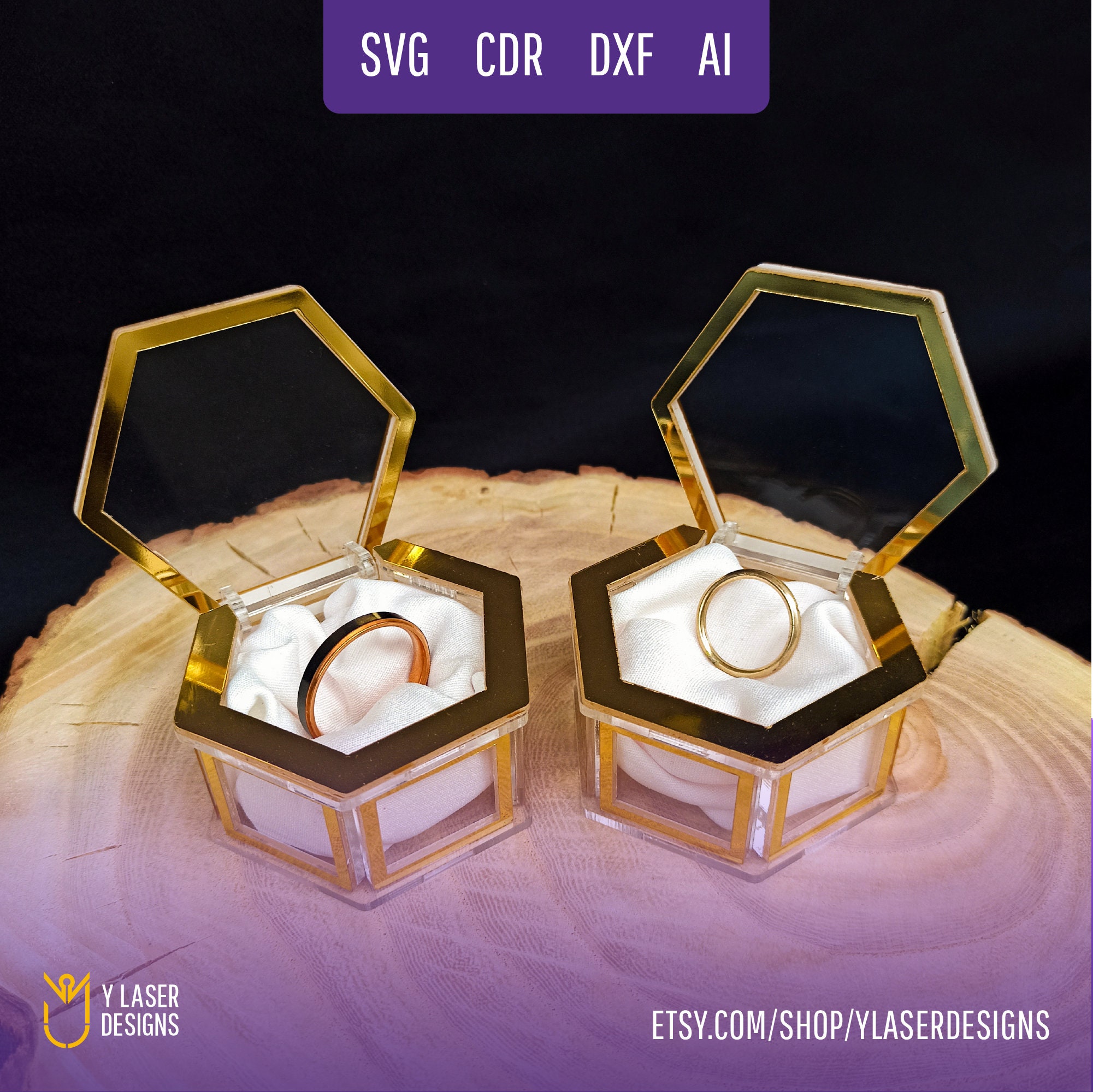 Hexagon Shaped Box, Wedding Rings Box With Integrated Hinge Lid Laser ...