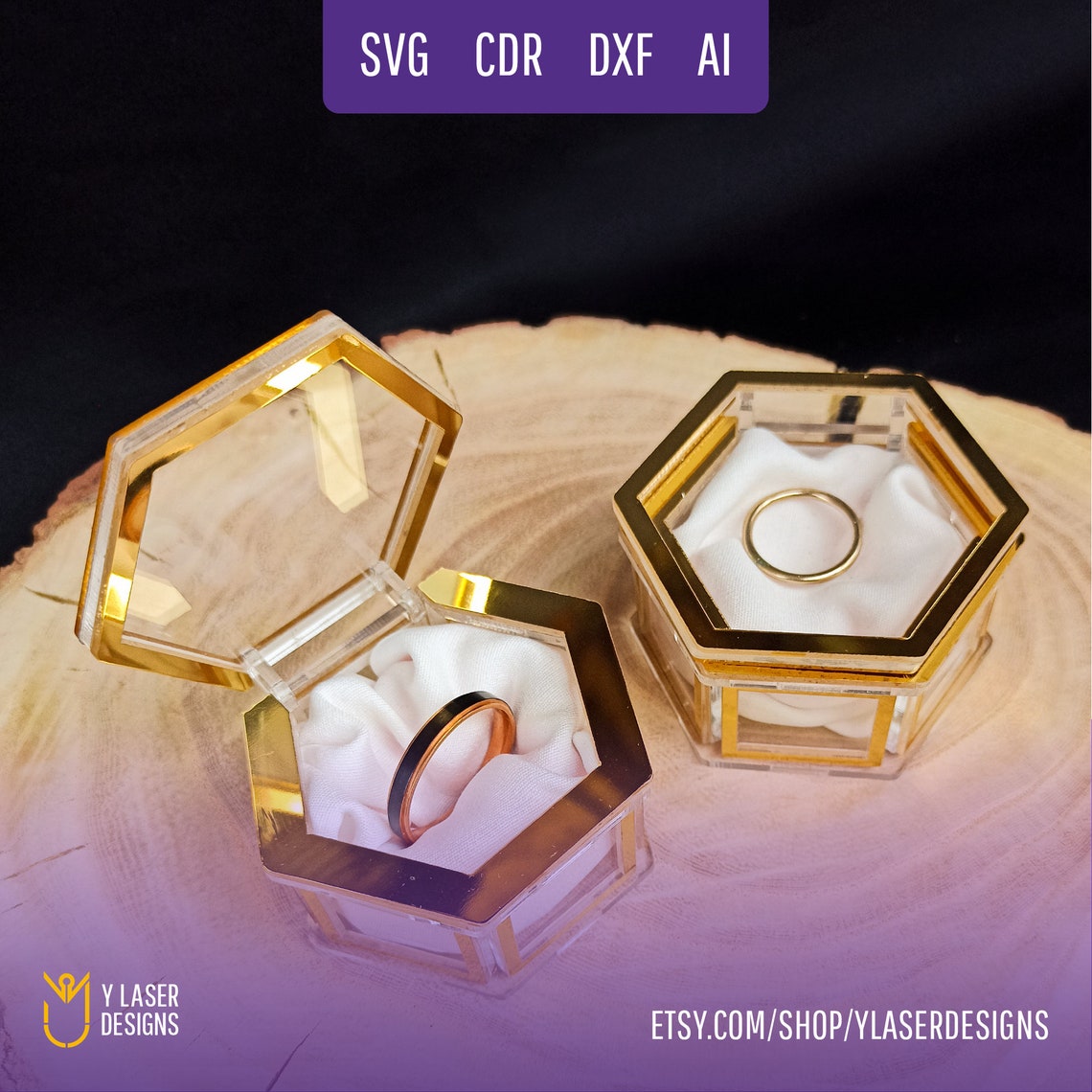 Hexagon Shaped Box, Wedding Rings Box With Integrated Hinge Lid Laser ...