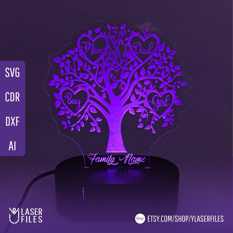 Family Tree Acrylic LED Light / Lamp SVG Ai Cdr Dxf Laser - Etsy