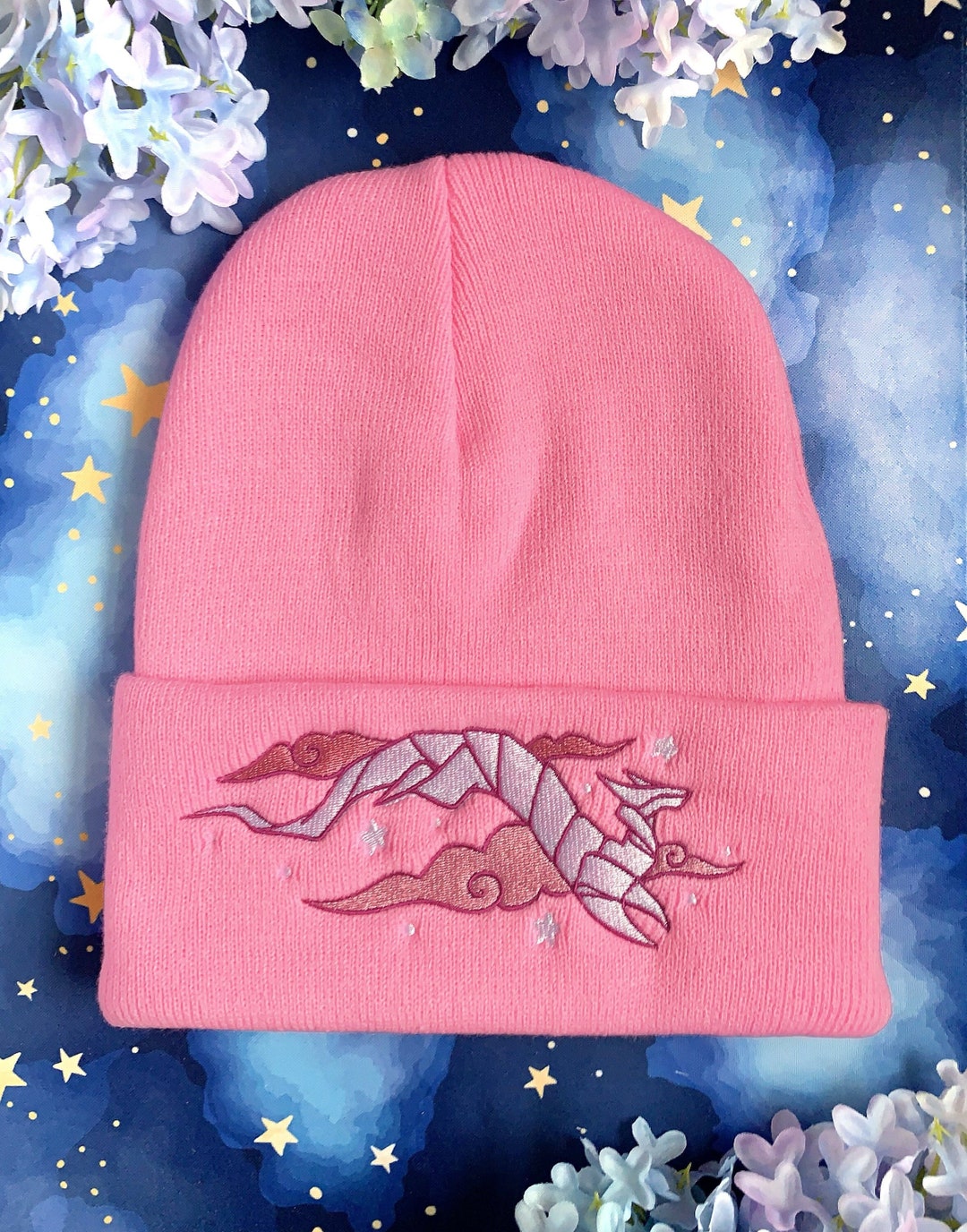 Pink Clouds Origami Dragon Knit Beanie Cap || Embroidered Warm Cozy ...