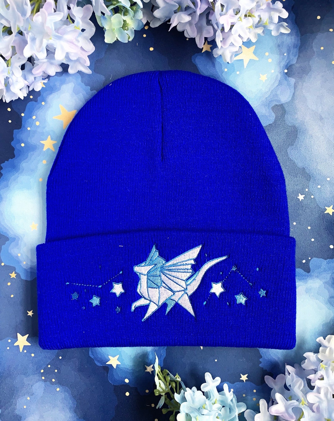 Blue Stars Origami Dragon Knit Beanie Cap || Embroidered Warm Cozy ...