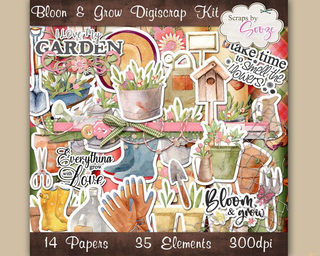 Bloom & Grow Digiscrap Kit Digital scrapbooking Backgrounds Stickers ...