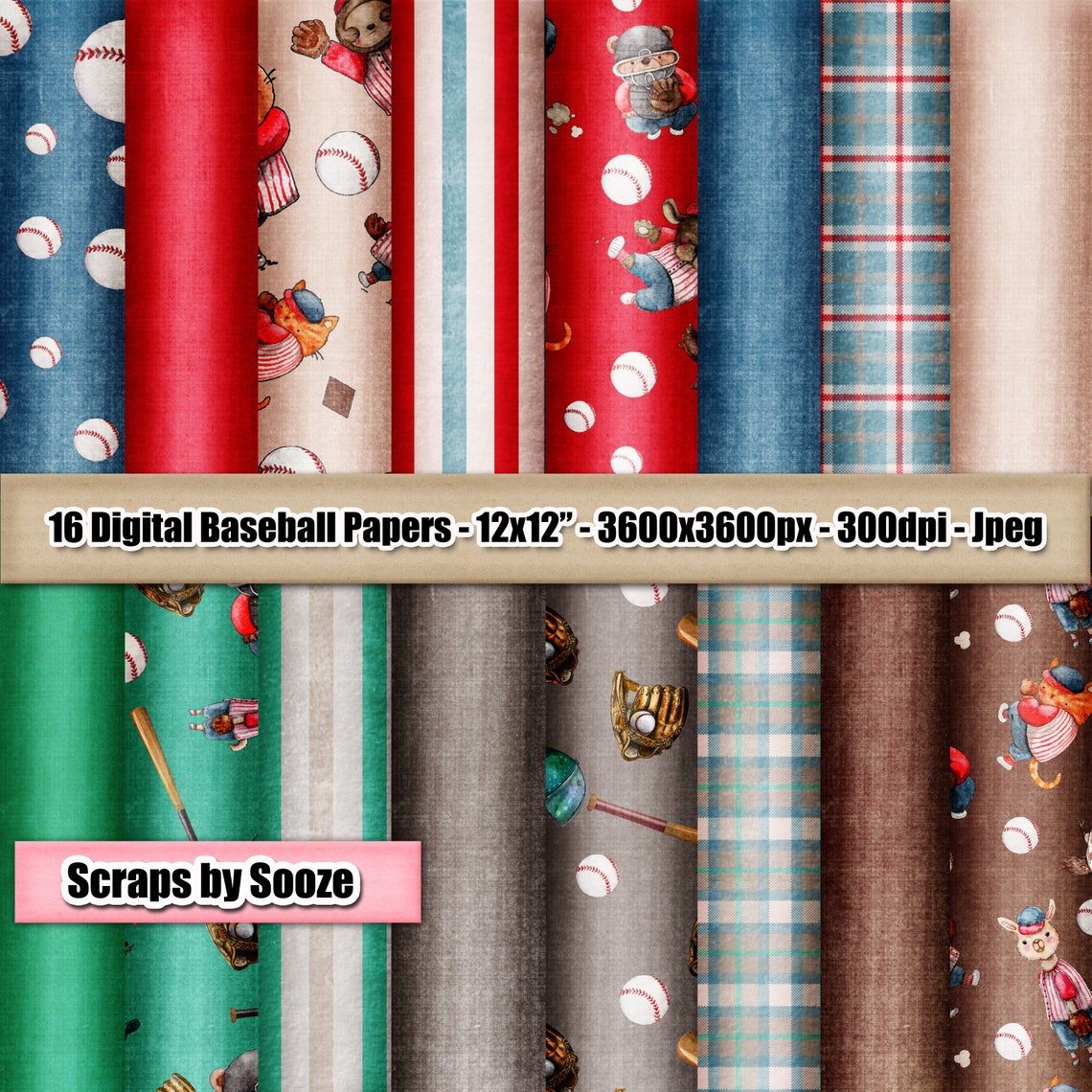 16 Digital Baseball Papers 12x12 3600x3600px 300 Dpi Sports Softball ...