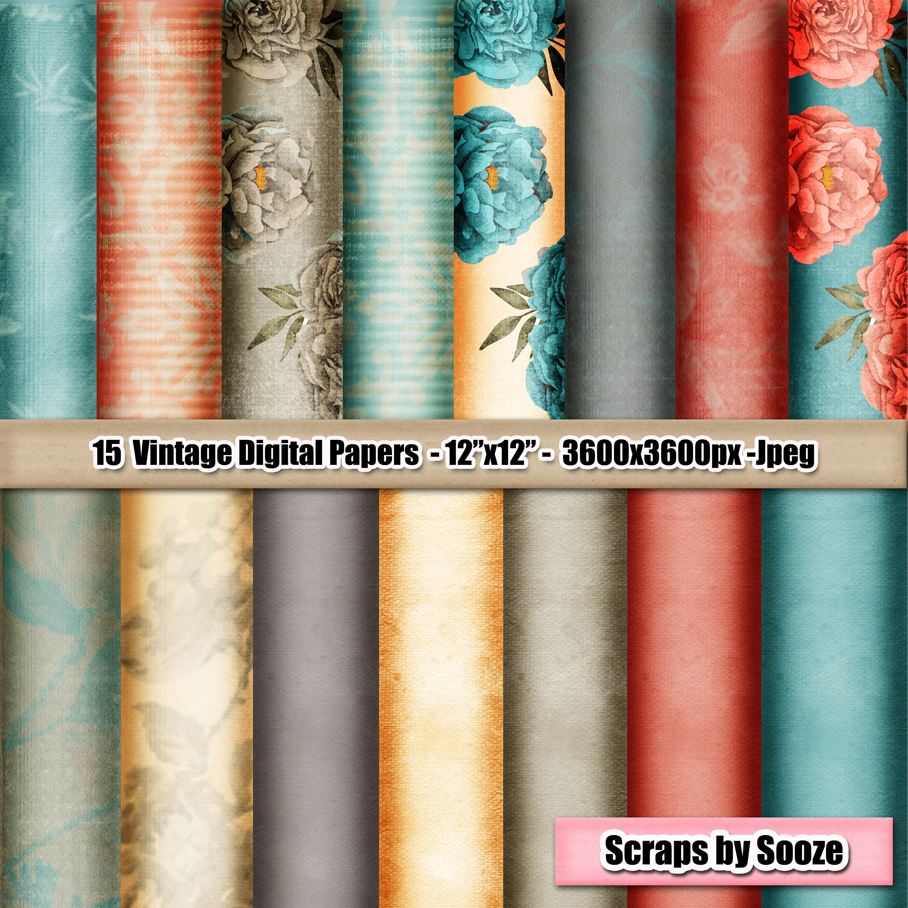 15 Vintage Digital Papers Background Floral 12x12 3600x3600 Px Jpeg ...