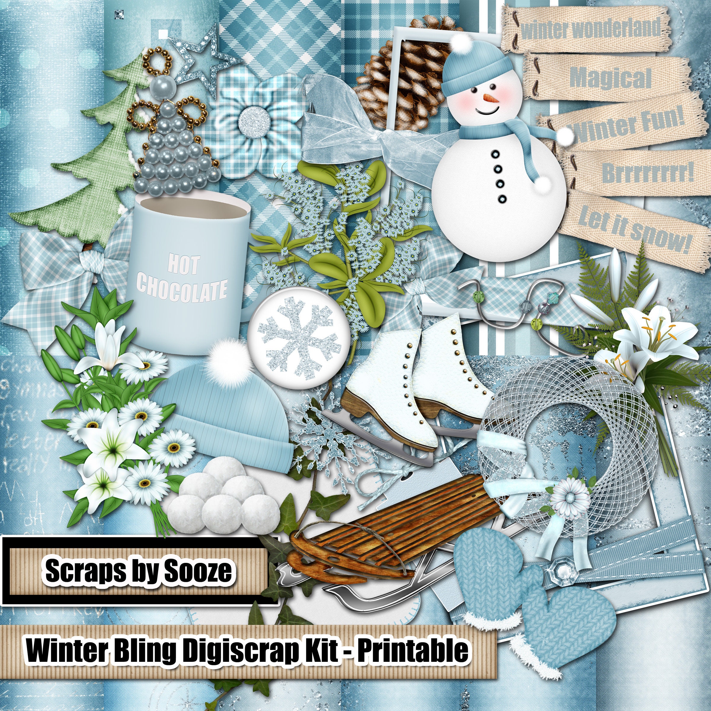 Winter Bling Digiscrap Kit Printable Scrapbooking Snowman Skating ...