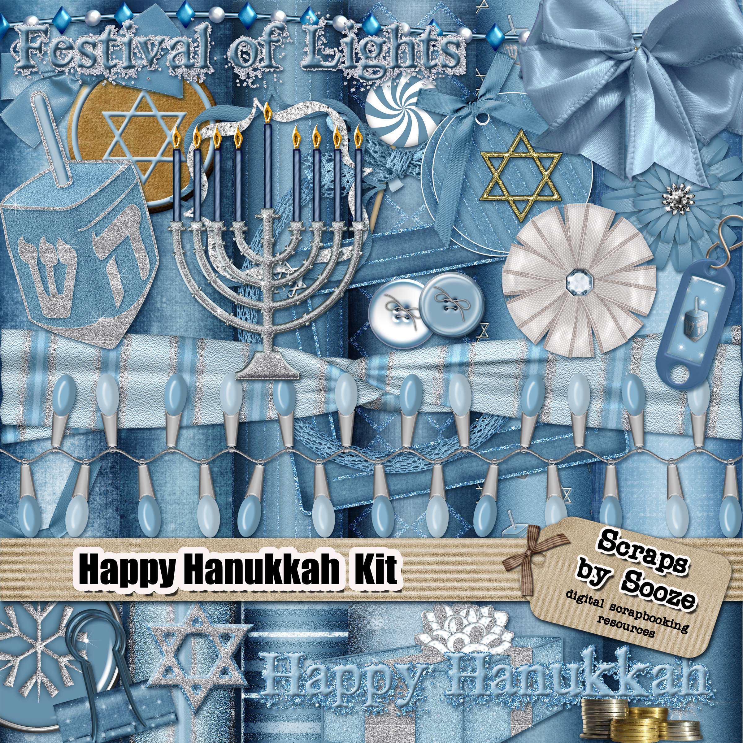 Happy Hanukkah Digiscrap Kit Printable Scrapbook Papercraft gelt ...