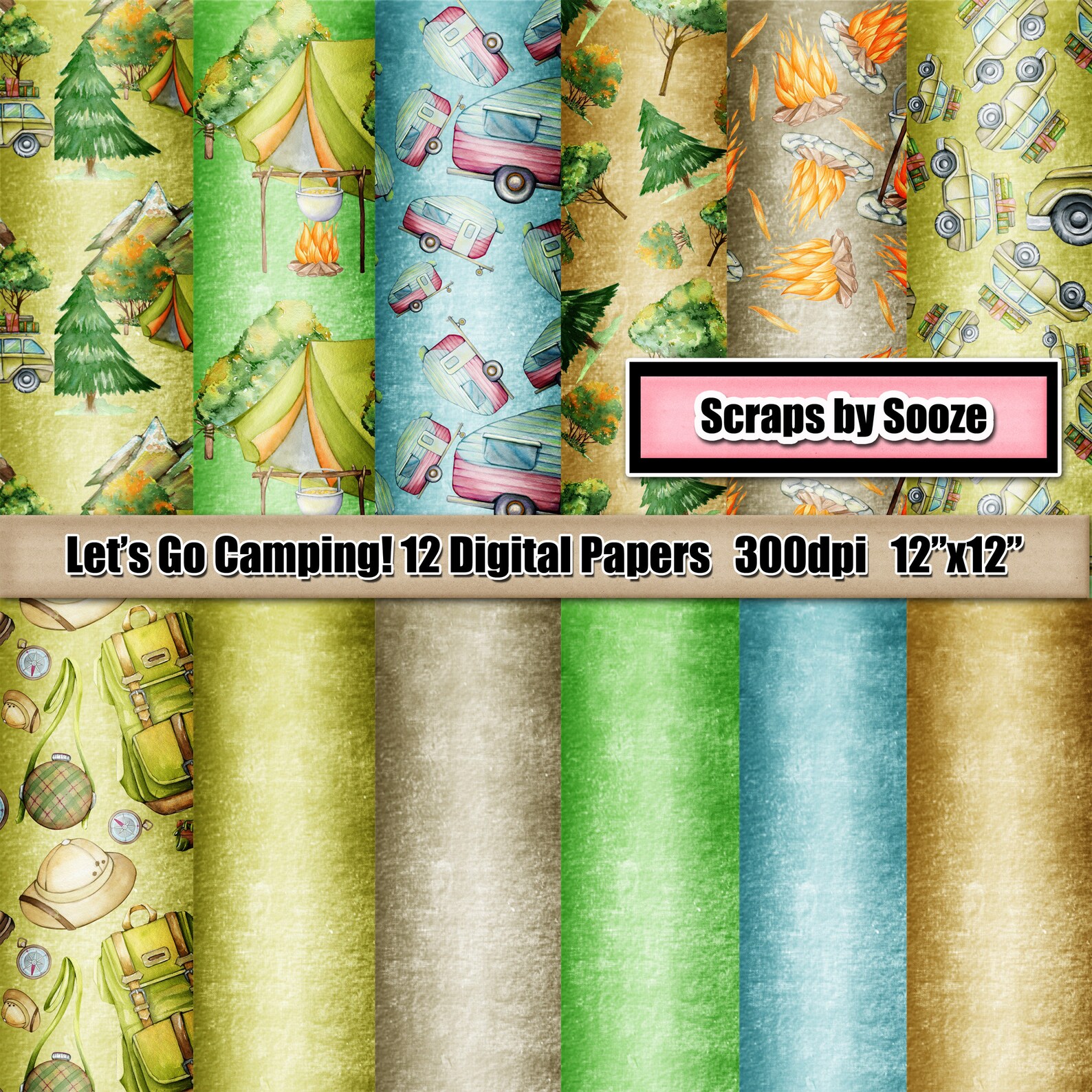 12 Let's Go Camping Digital Papers Printable Scrapbooking Papercrafts ...