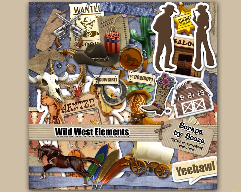 Wild West Digital Scrap Elements Printable Plus FREE BONUS PAPERS ...